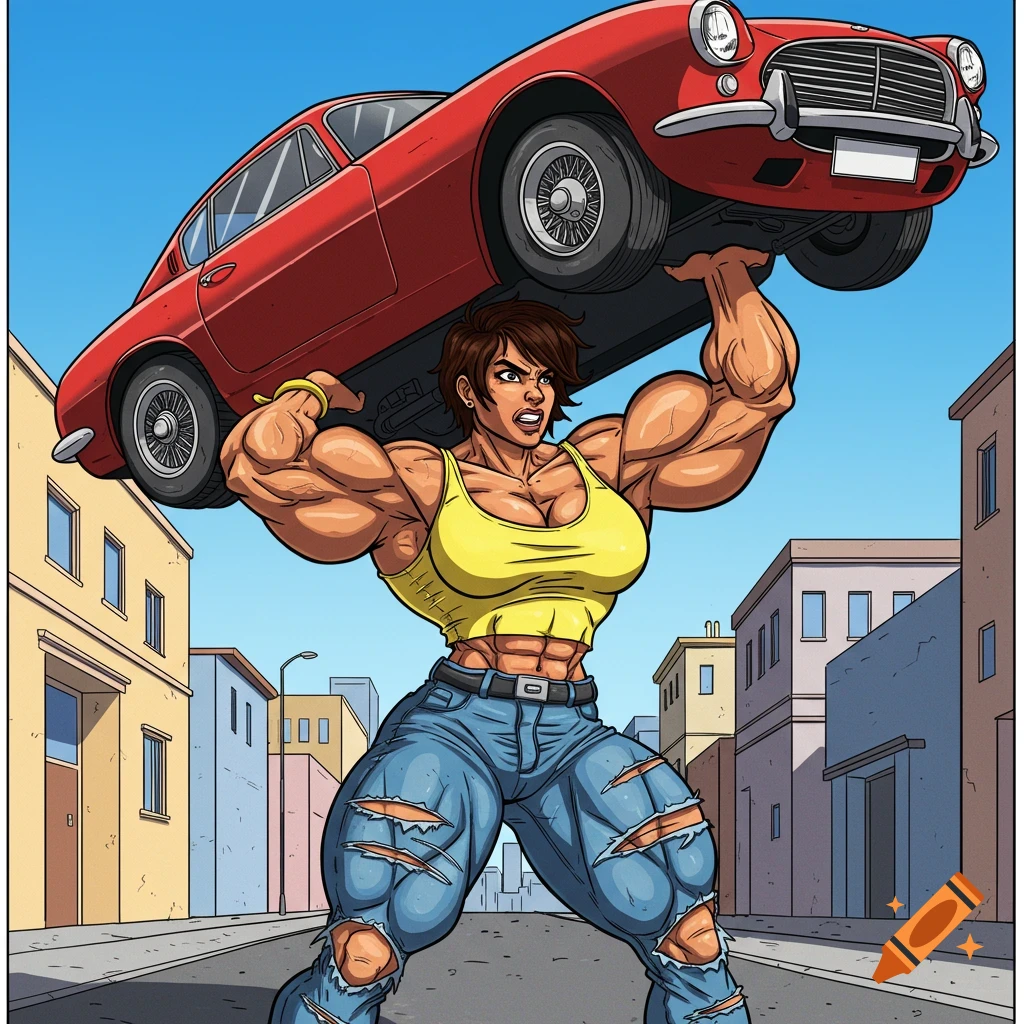 A muscular woman in a yellow top and ripped jeans lifts a red car ...