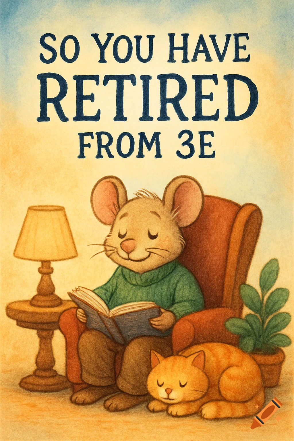 Charming children's illustration of a mouse reading in an armchair next to a sleeping orange cat ...