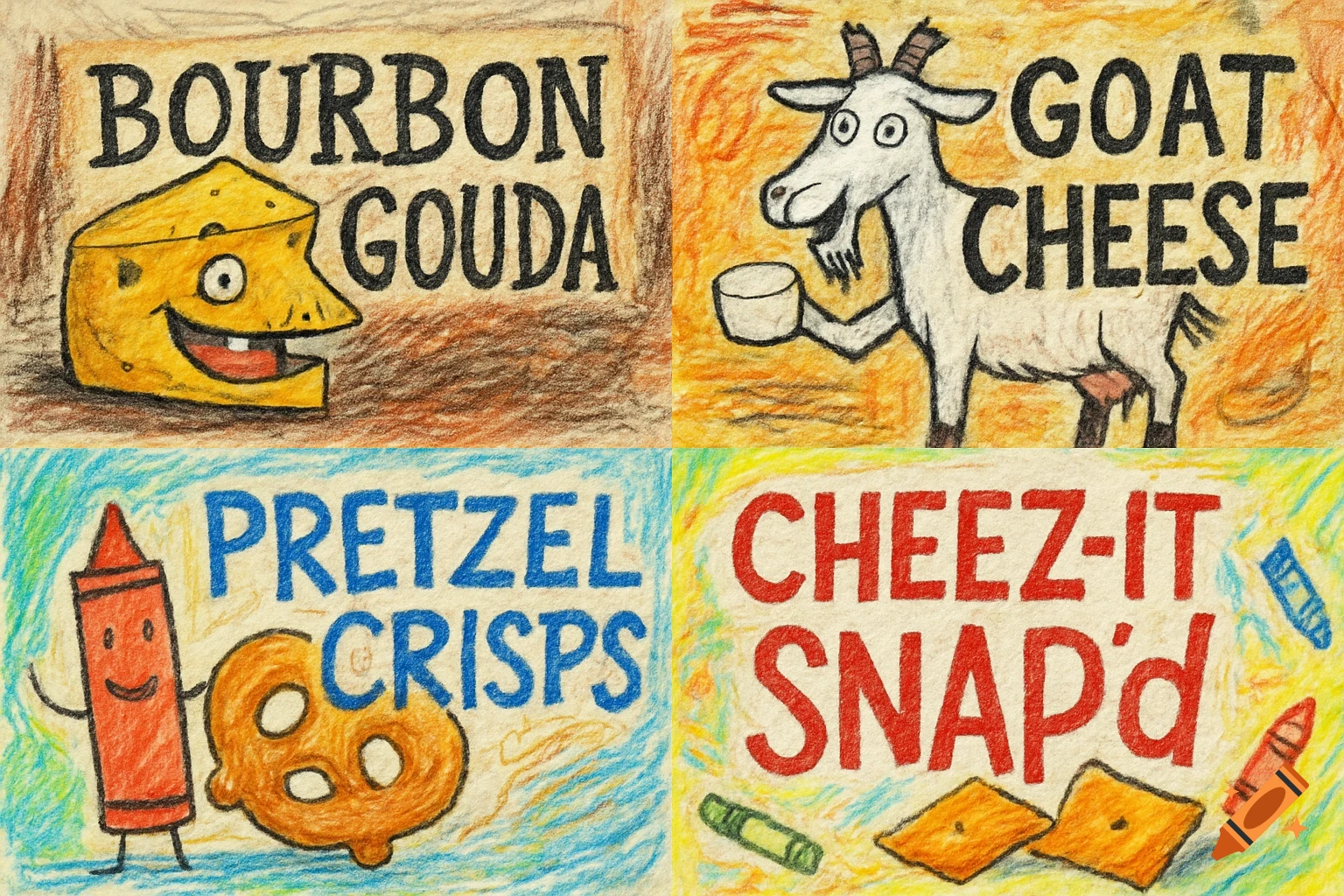 A four-panel image in a crayon drawing style. Each panel has a food ...