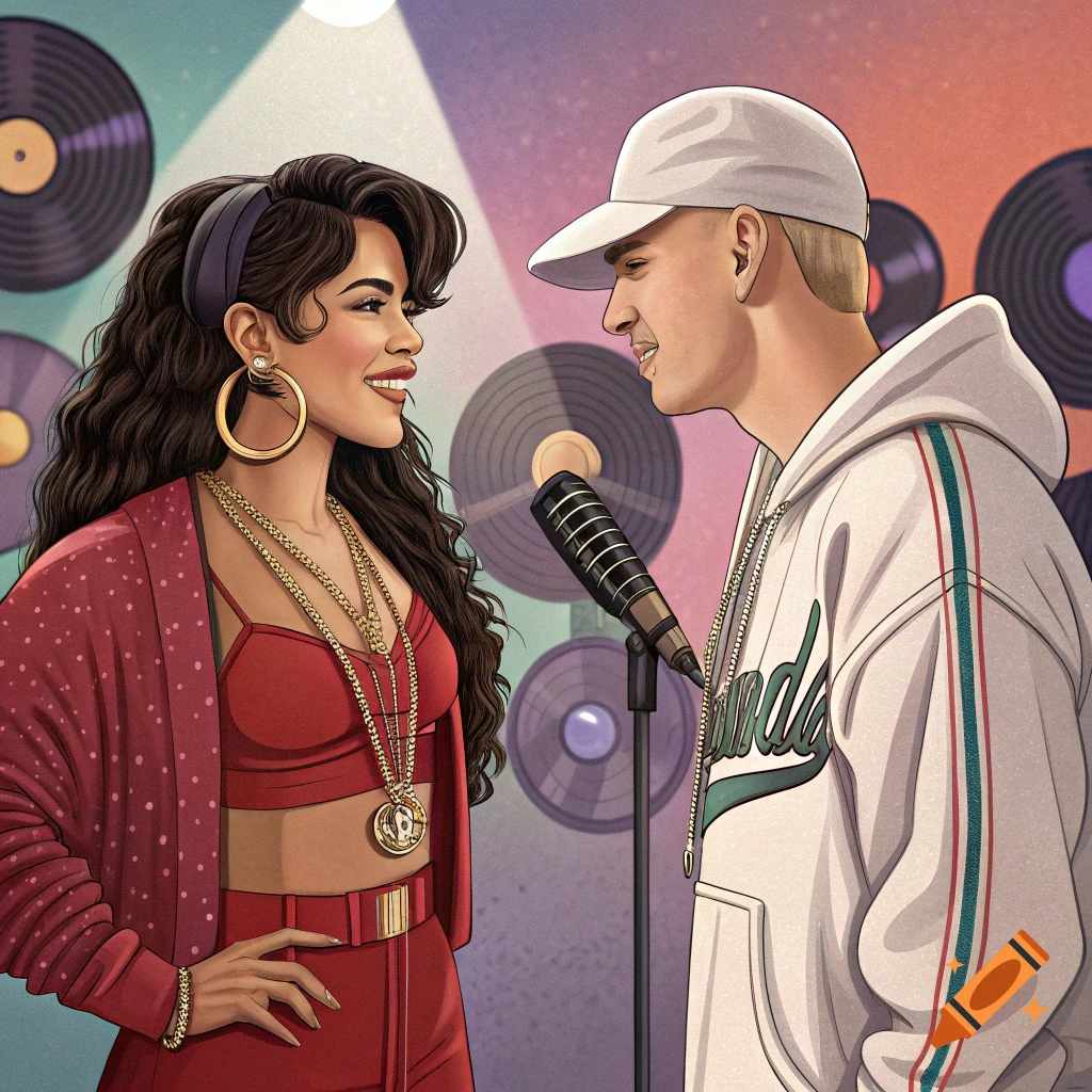 An illustration of Selena Quintanilla and Eminem standing facing each ...