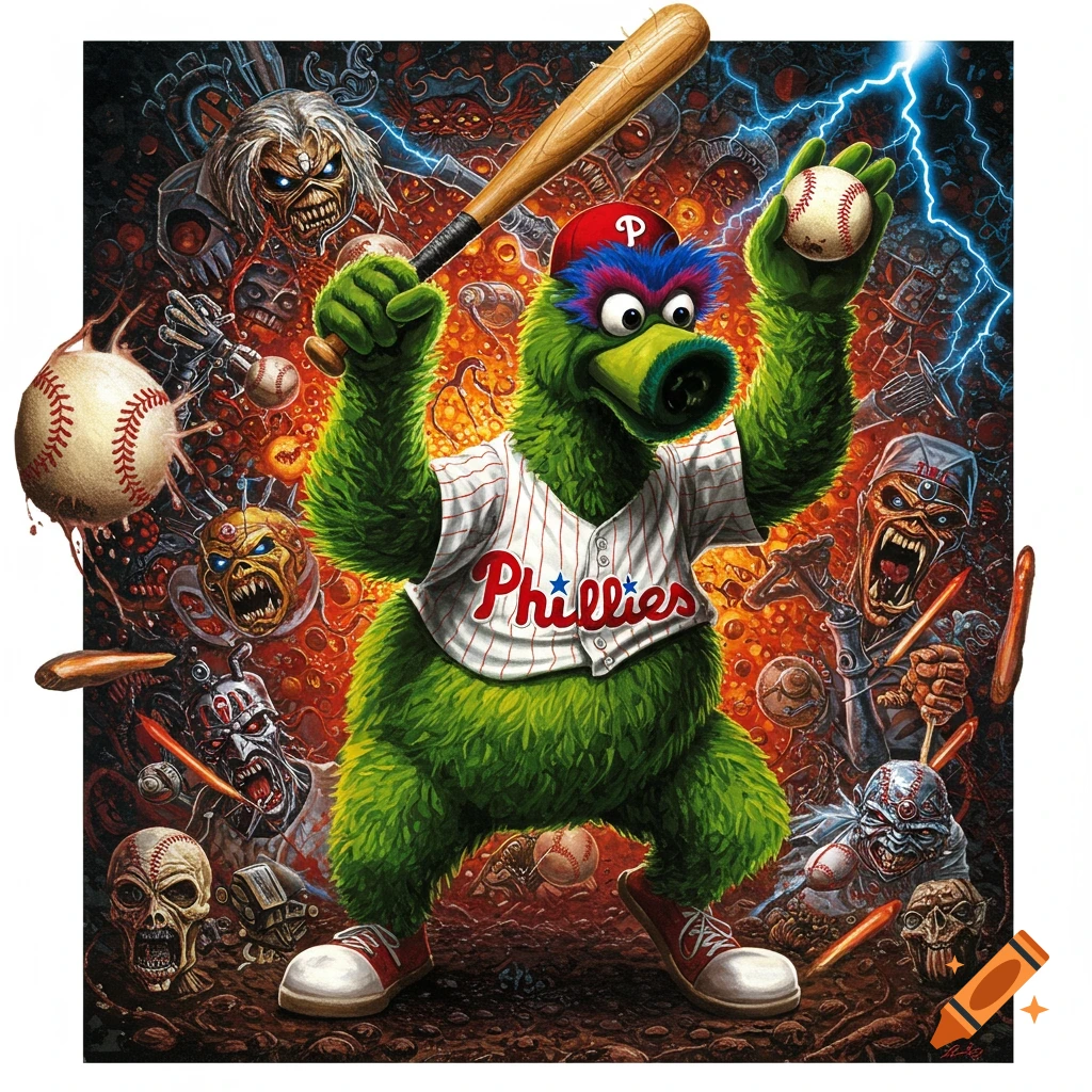 A green furry baseball mascot in a Phillies uniform holding a bat and ...
