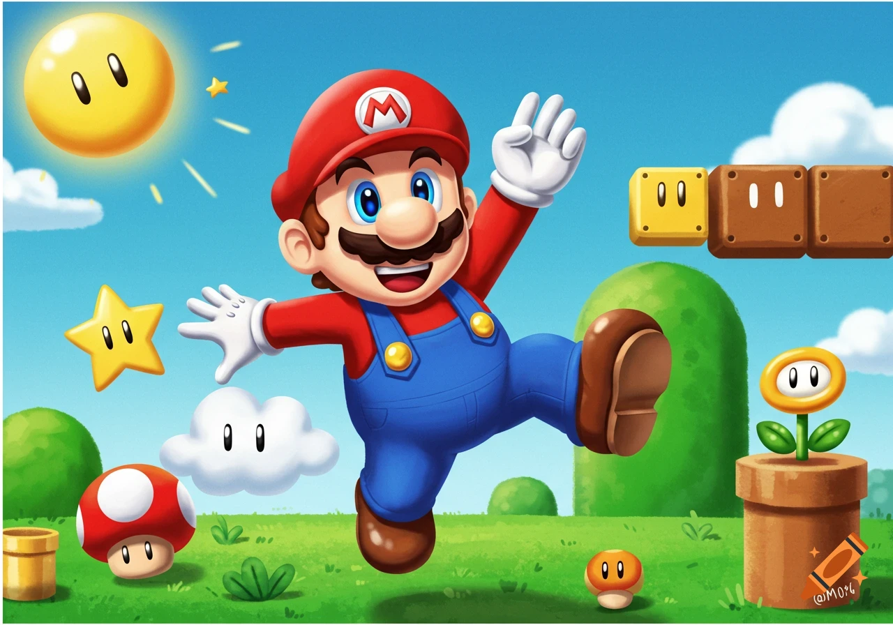 Super Mario jumping with various power-ups and enemies in a bright ...