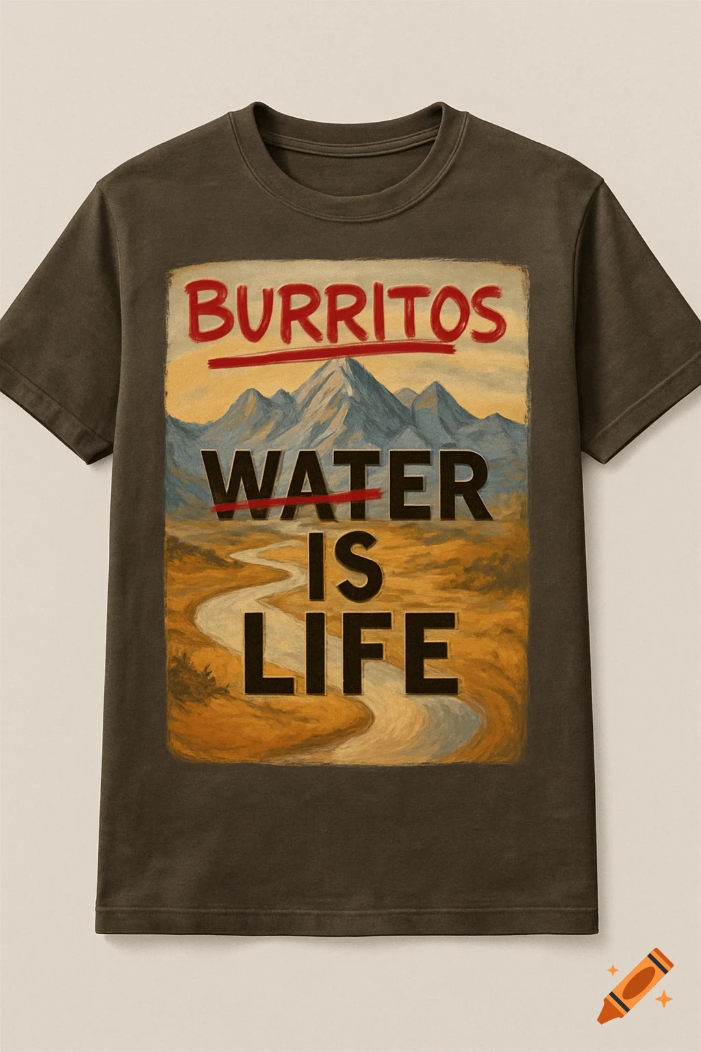 A dark brown t-shirt featuring a painted desert landscape with ...