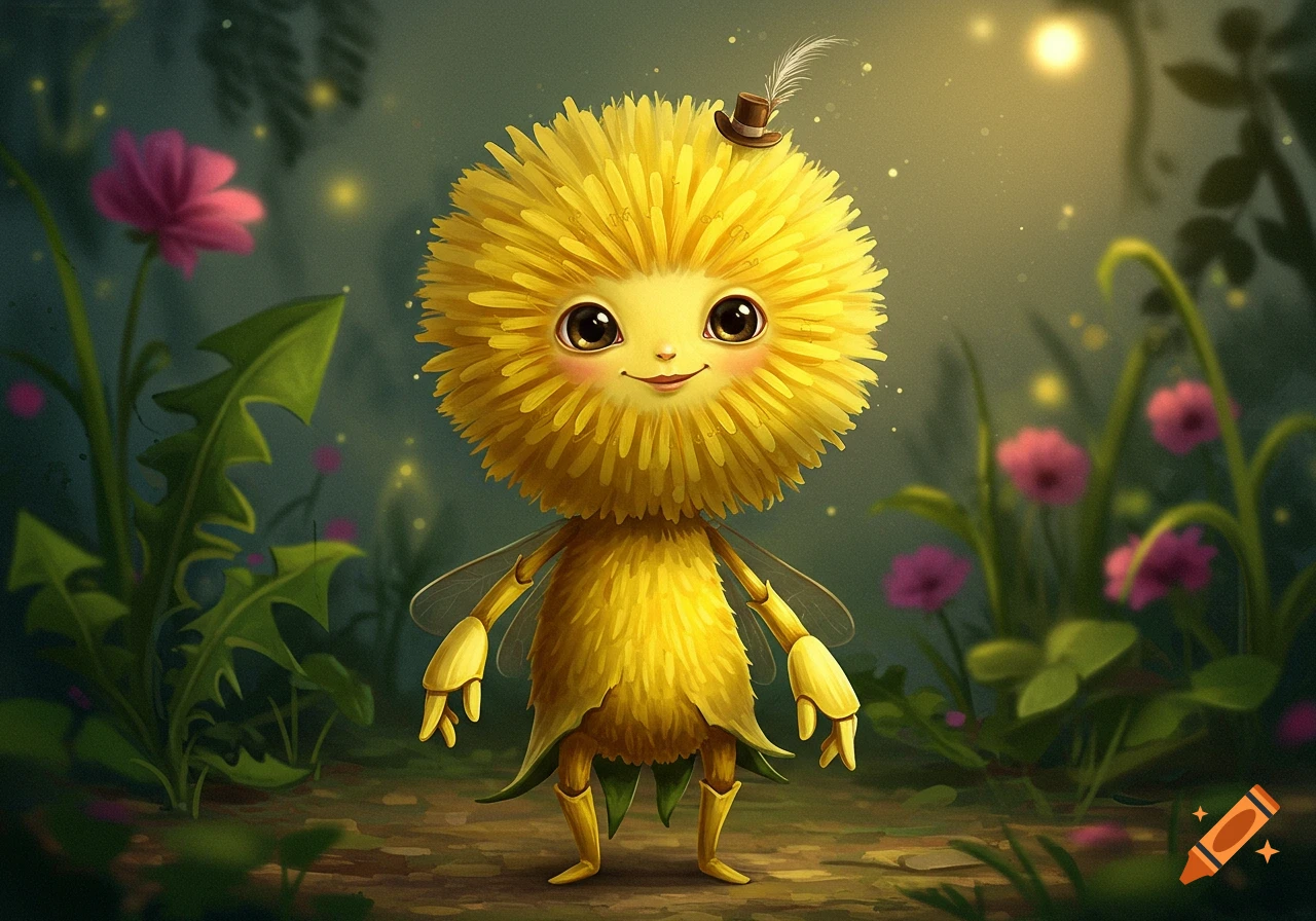 A cute, yellow, fluffy humanoid dandelion creature with a small top hat ...