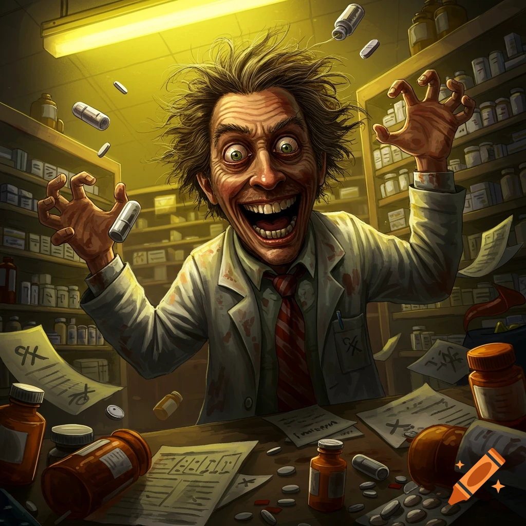 A deranged pharmacist with wild hair and a manic grin stands in a ...