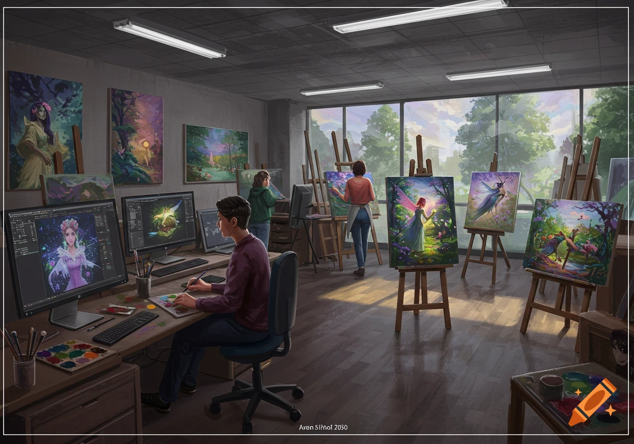 An art studio with digital artists at computers and traditional artists ...