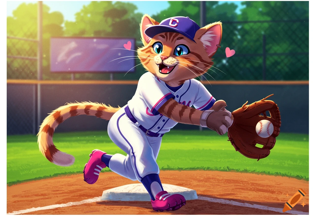 A happy cartoon tabby cat in a baseball uniform and cap, holding a ...