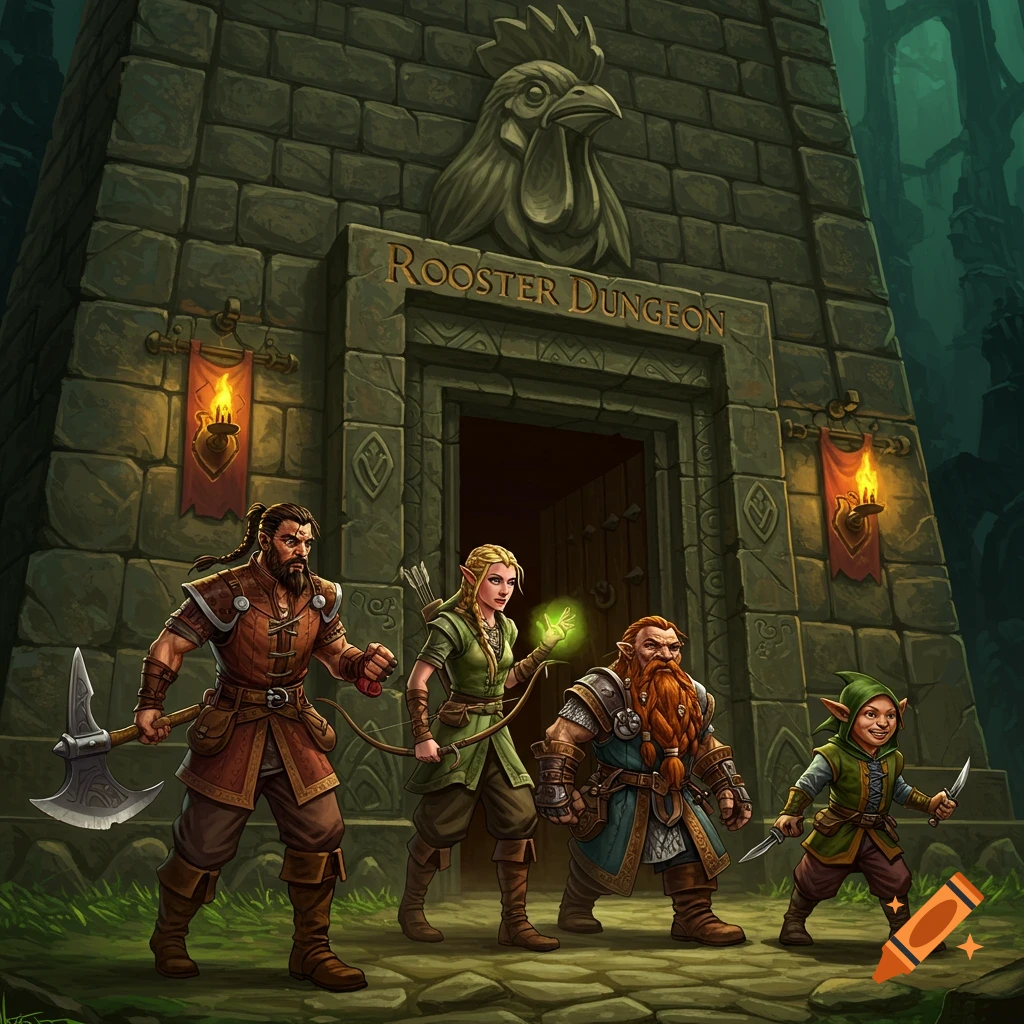 A party of fantasy adventurers, including a human, an elf, a dwarf, and ...