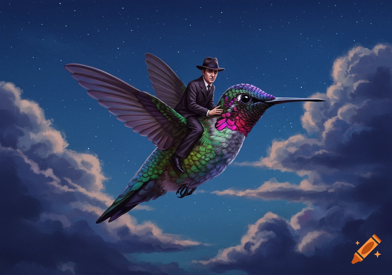 A man in a suit rides a colorful hummingbird through a starry night sky ...