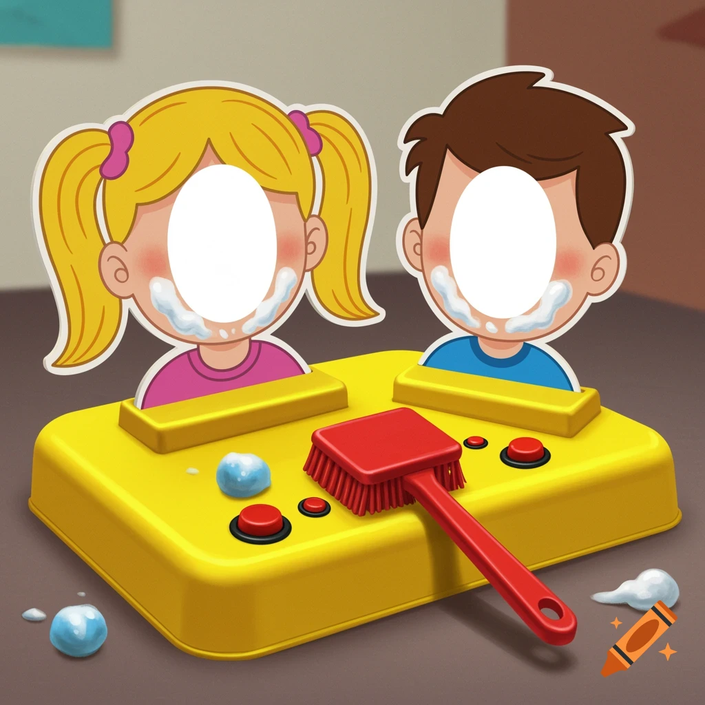 A colorful cartoon image of a "splat the face" style children's game ...