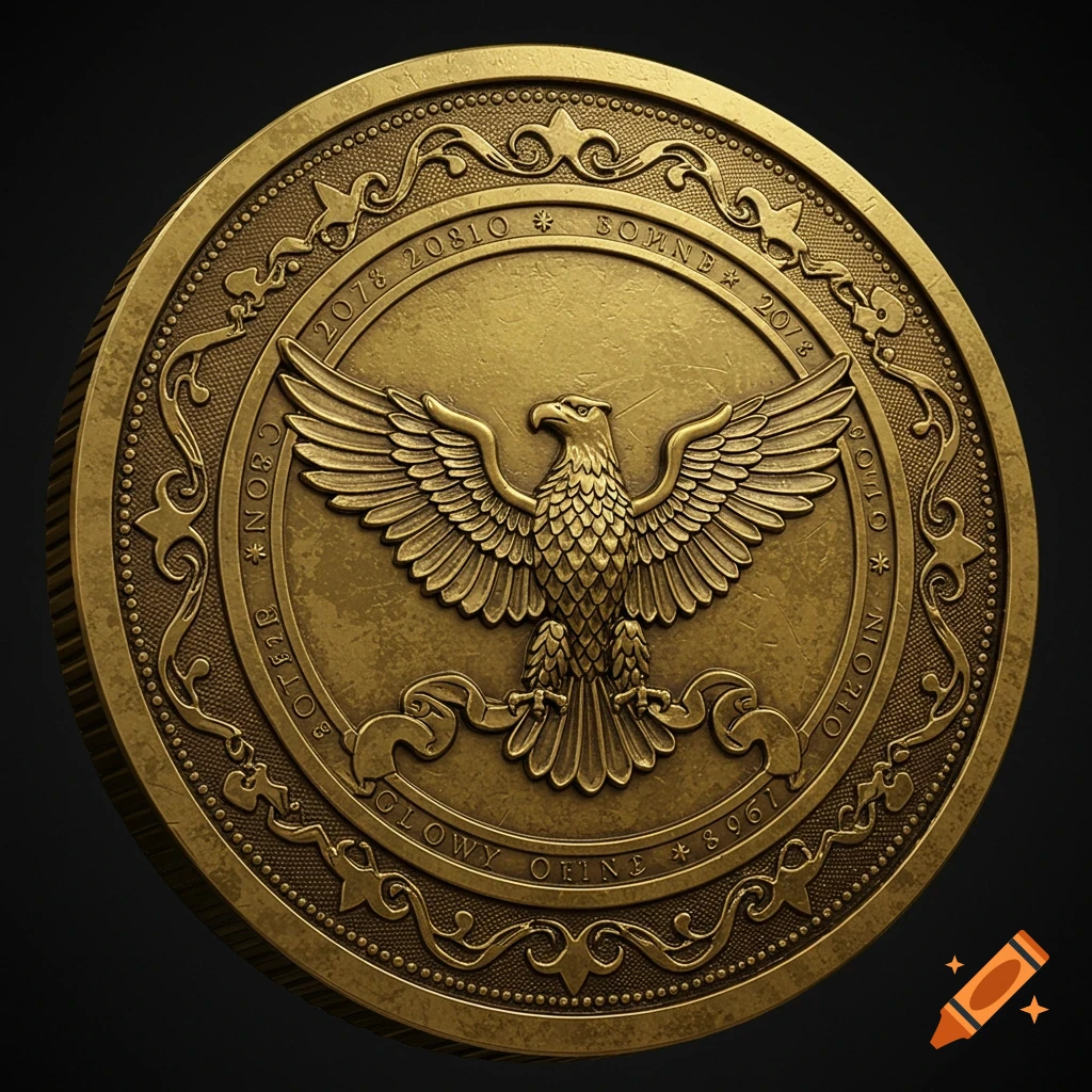 A detailed gold challenge coin featuring an embossed eagle with ...