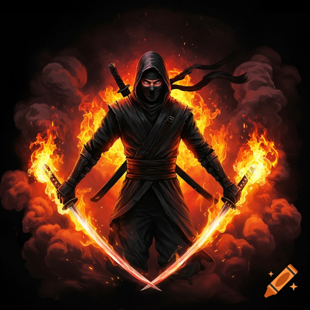 A hooded ninja warrior stands amidst flames and smoke, holding two ...