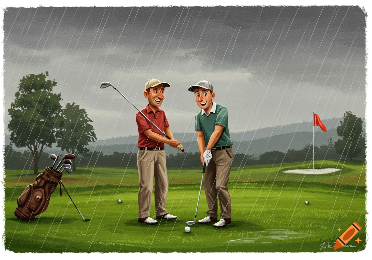Two male cartoon golfers play on a rainy golf course, one preparing to ...