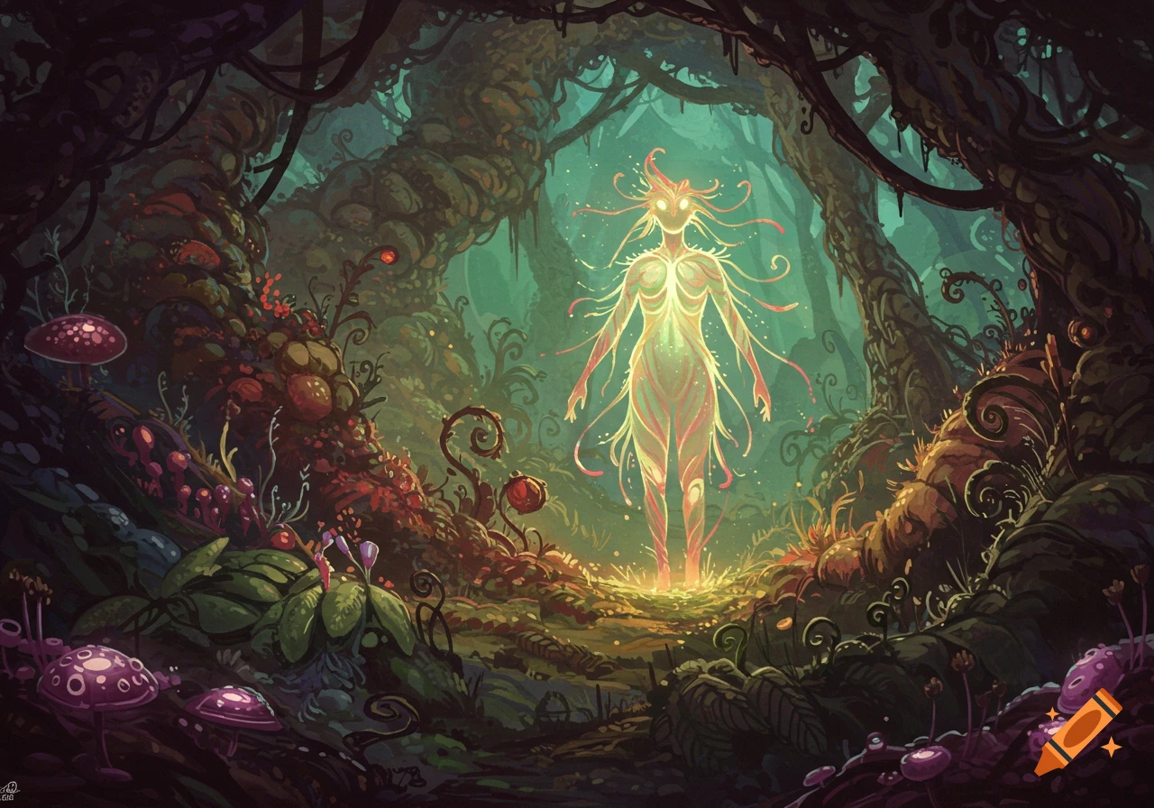 A glowing, ethereal spirit in a vibrant, magical forest clearing ...