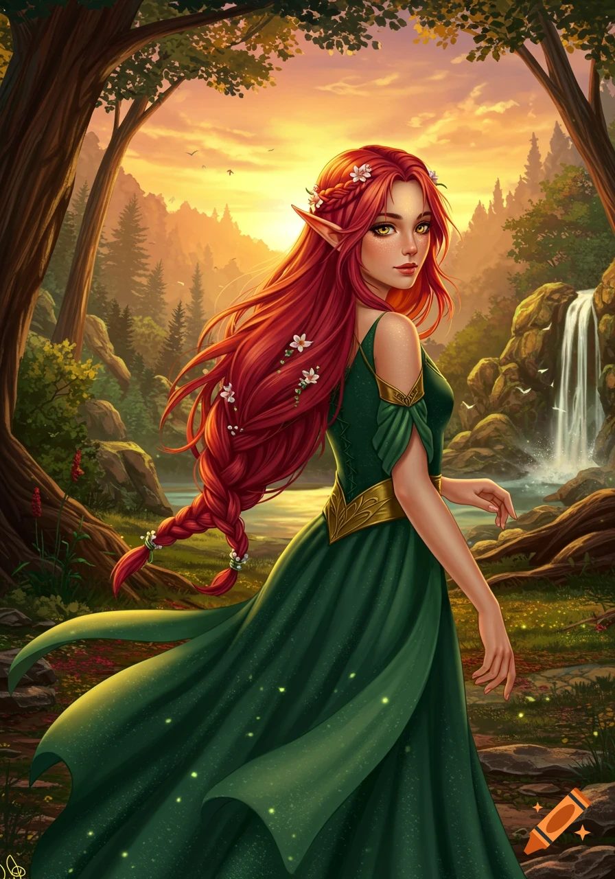A red-haired elf girl in a green dress in a vibrant fantasy forest with ...