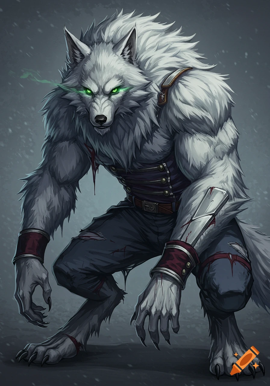 A white dire werewolf with glowing green eyes and torn military uniform ...