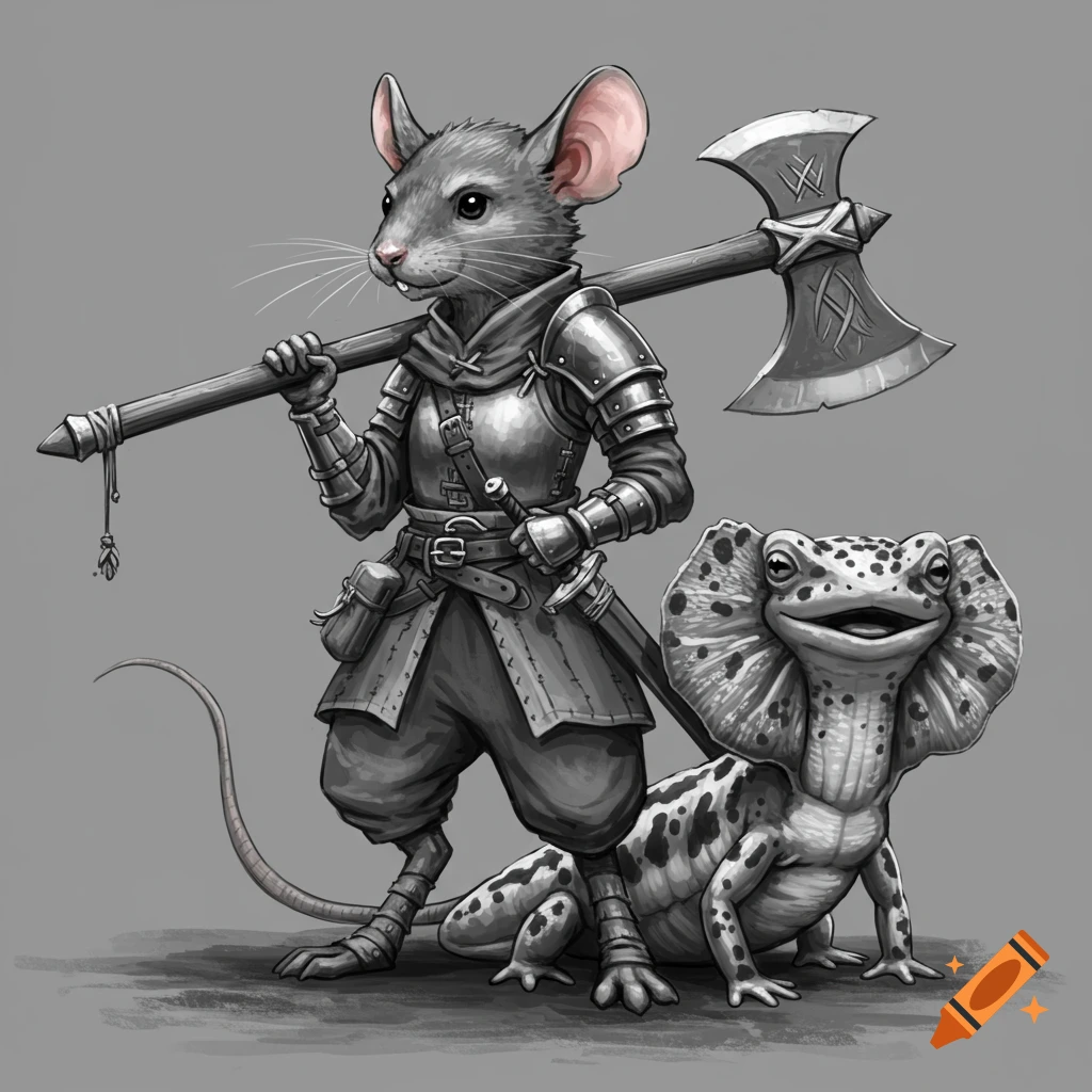 A gray mouse warrior in armor holds a battle axe on her shoulder ...