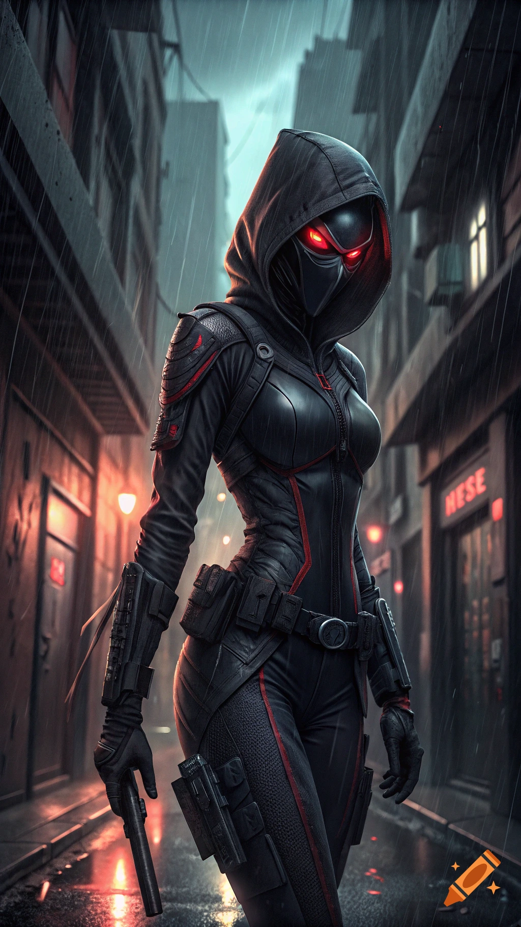 A futuristic female assassin in a black hooded suit with red accents ...