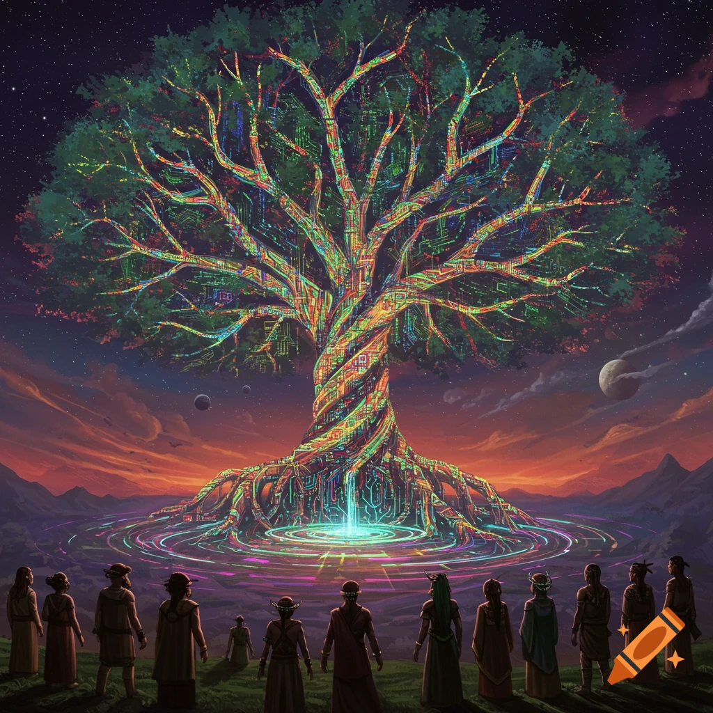 A vibrant, mystical tree with glowing circuit patterns on its trunk and ...