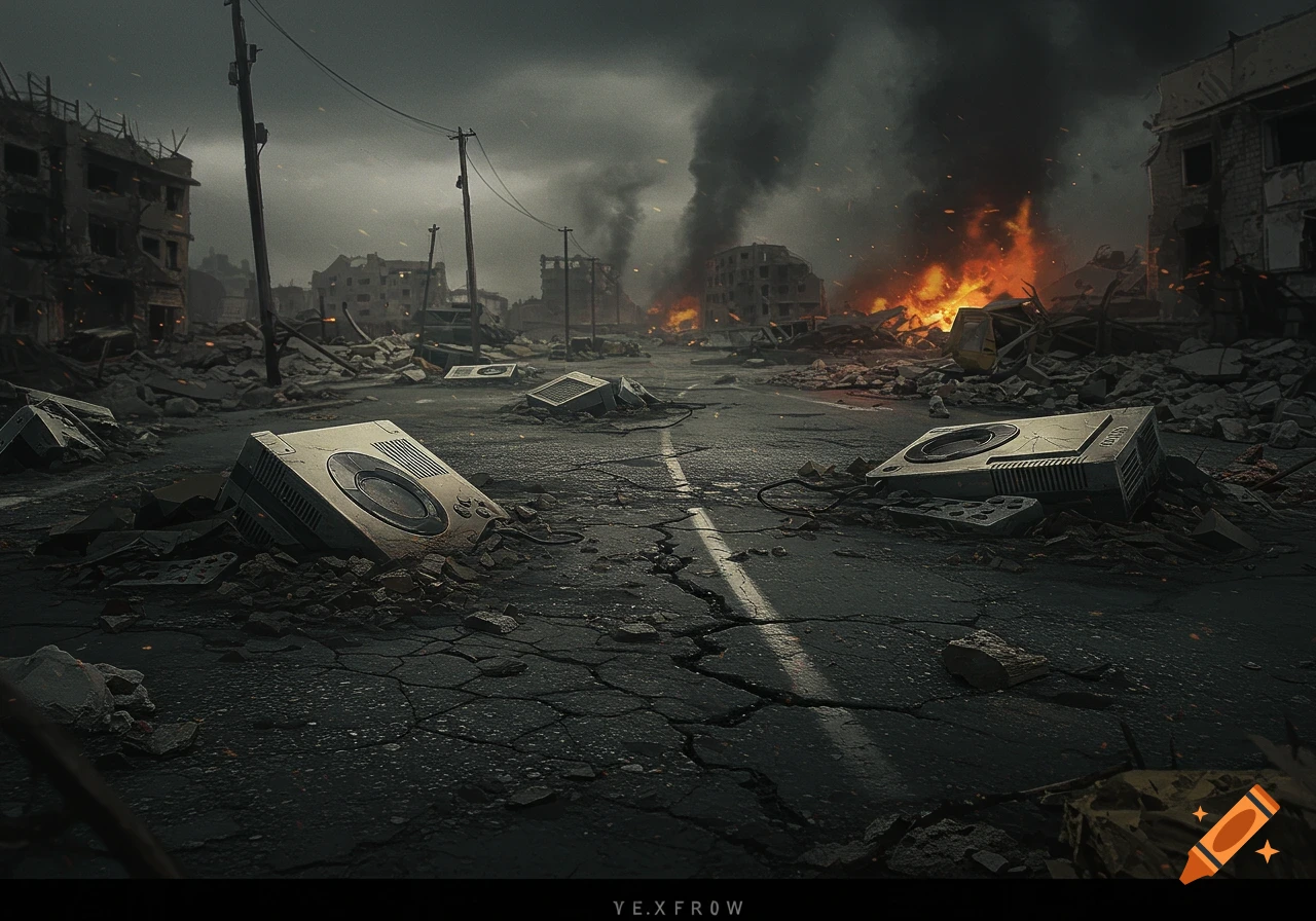 Photorealistic post-apocalyptic city street with destroyed buildings ...