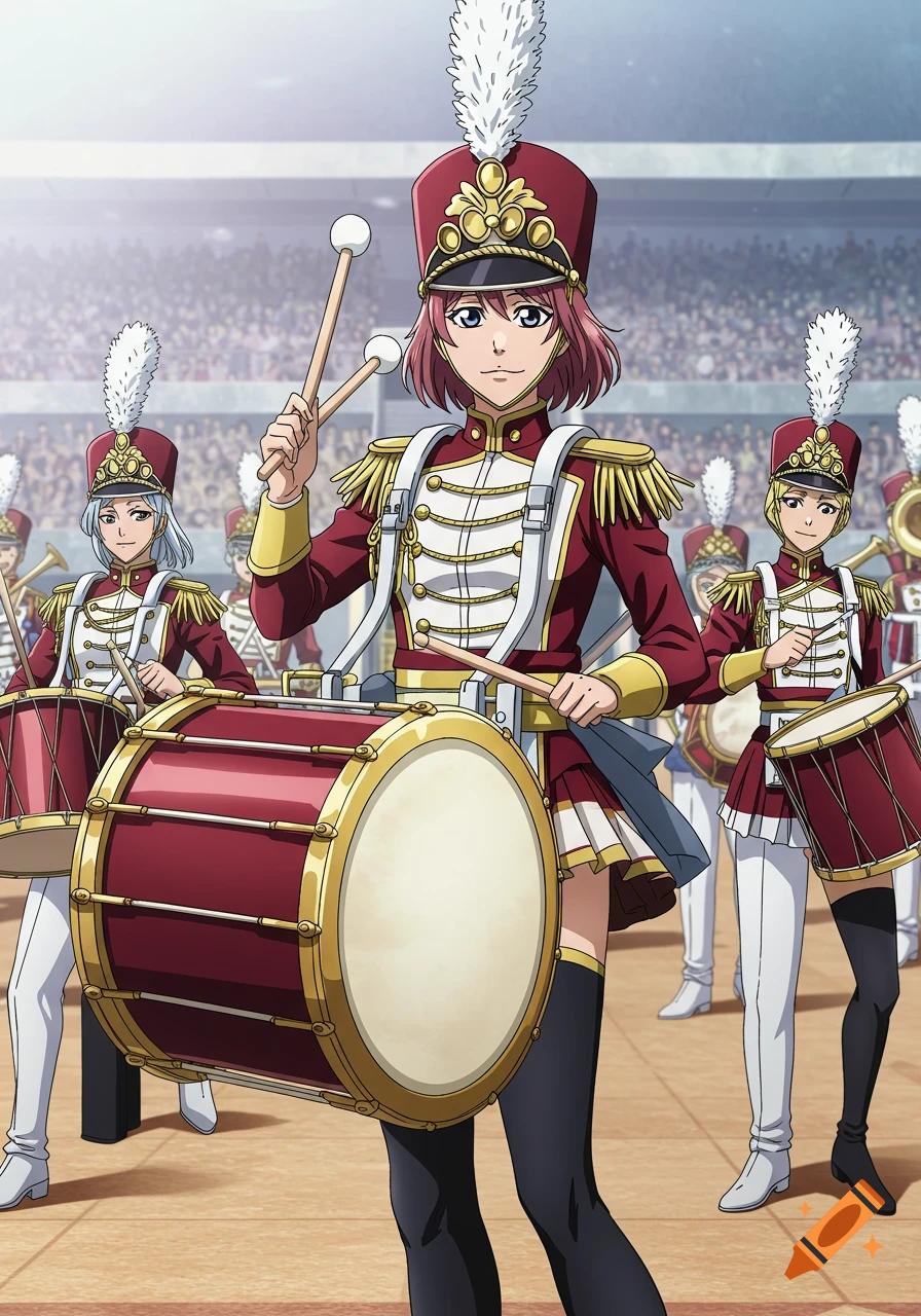 Anime art of an all-women's marching band performing in a stadium, with ...