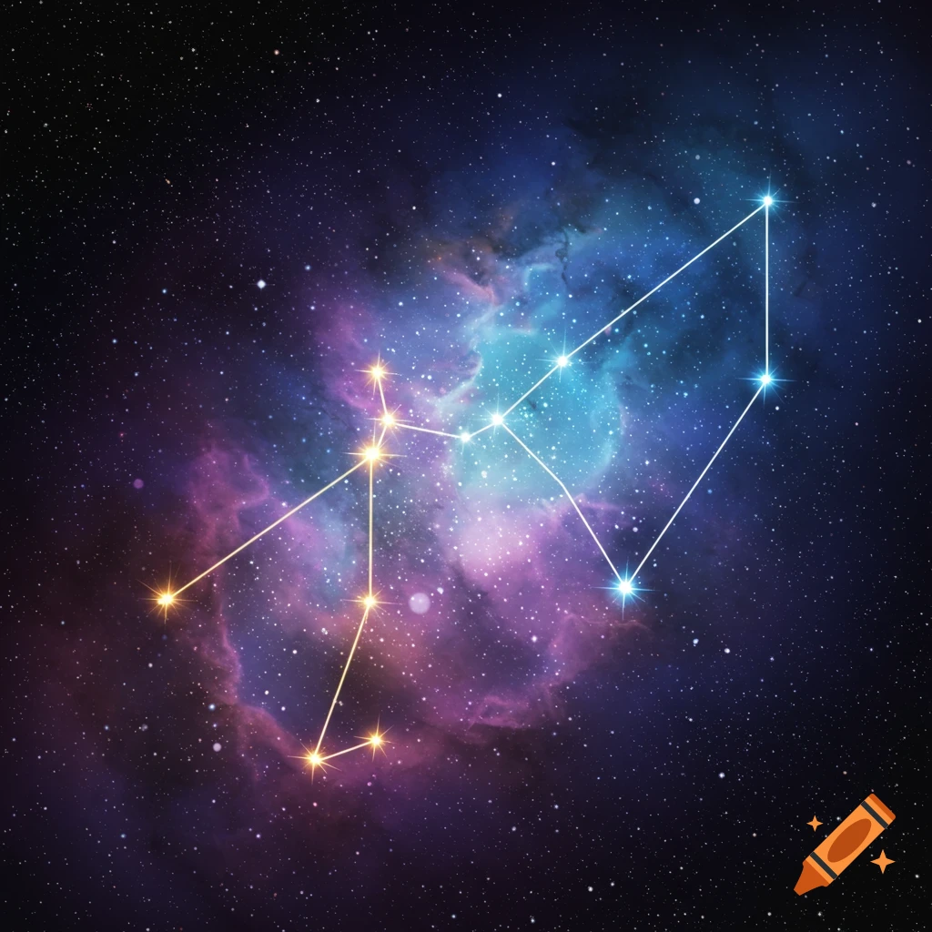 Two constellations connected by lines of light against a vibrant nebula ...