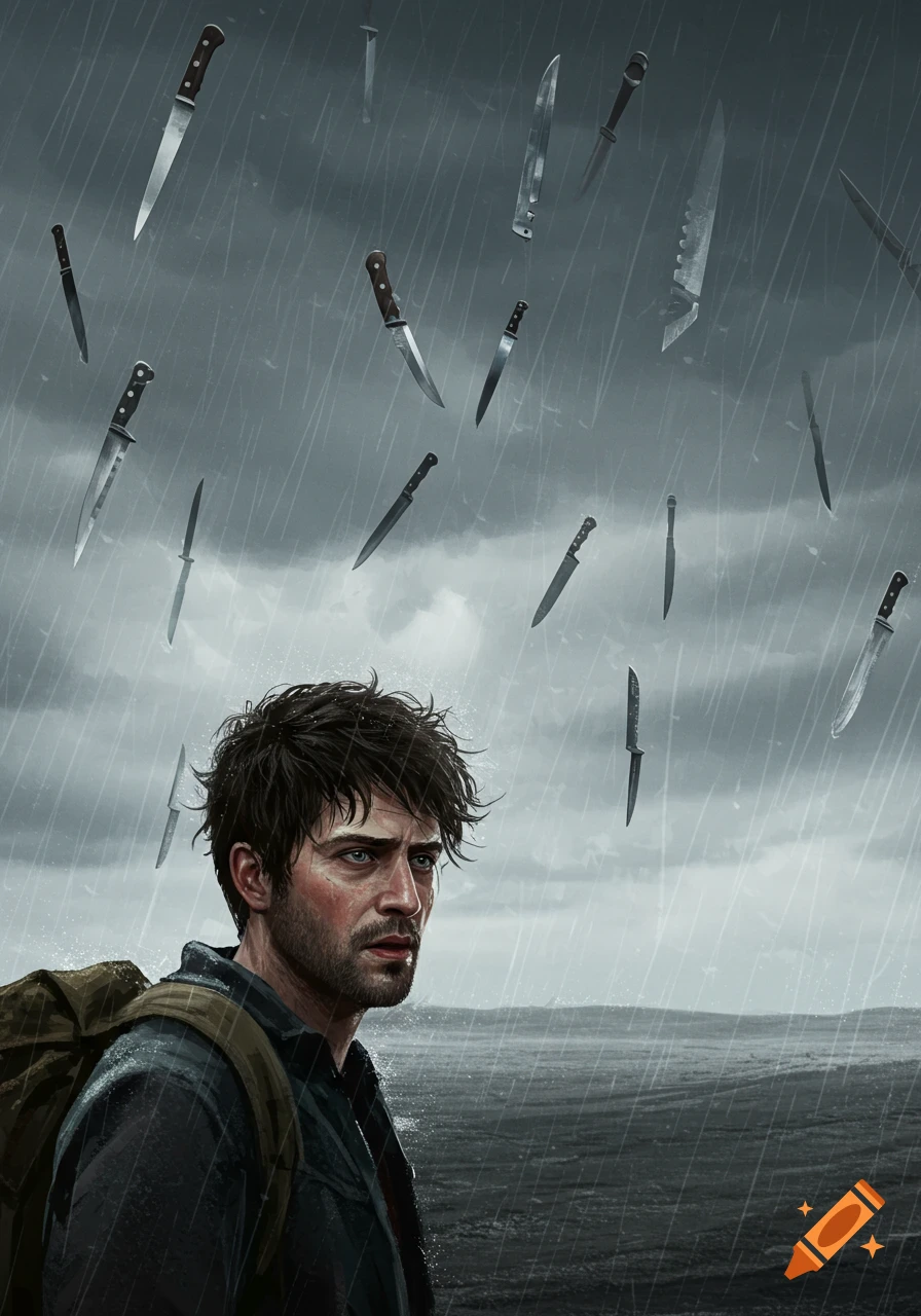 A distressed man with a backpack stands in a surreal rainstorm of ...