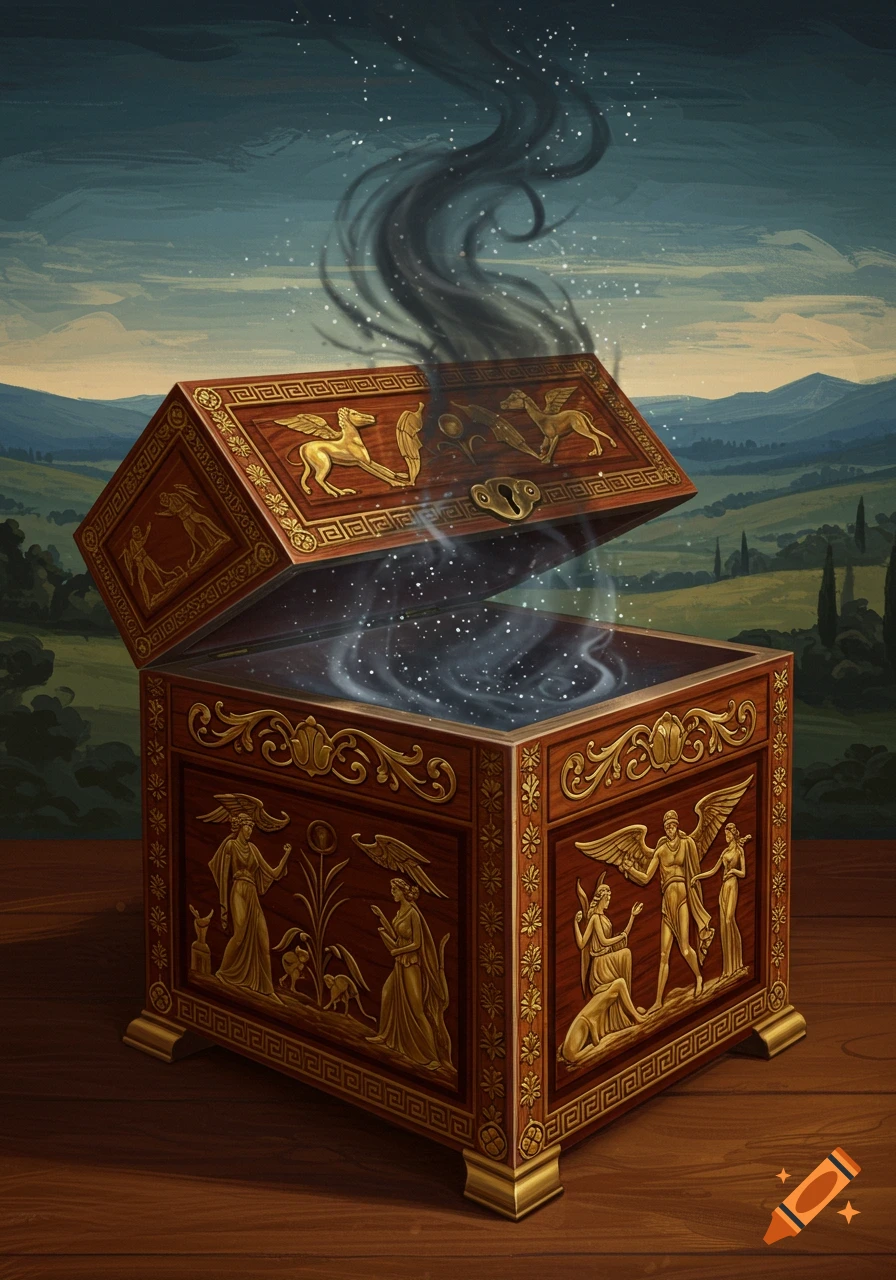 An ornate wooden Pandora's Box with golden carvings opens, releasing ...