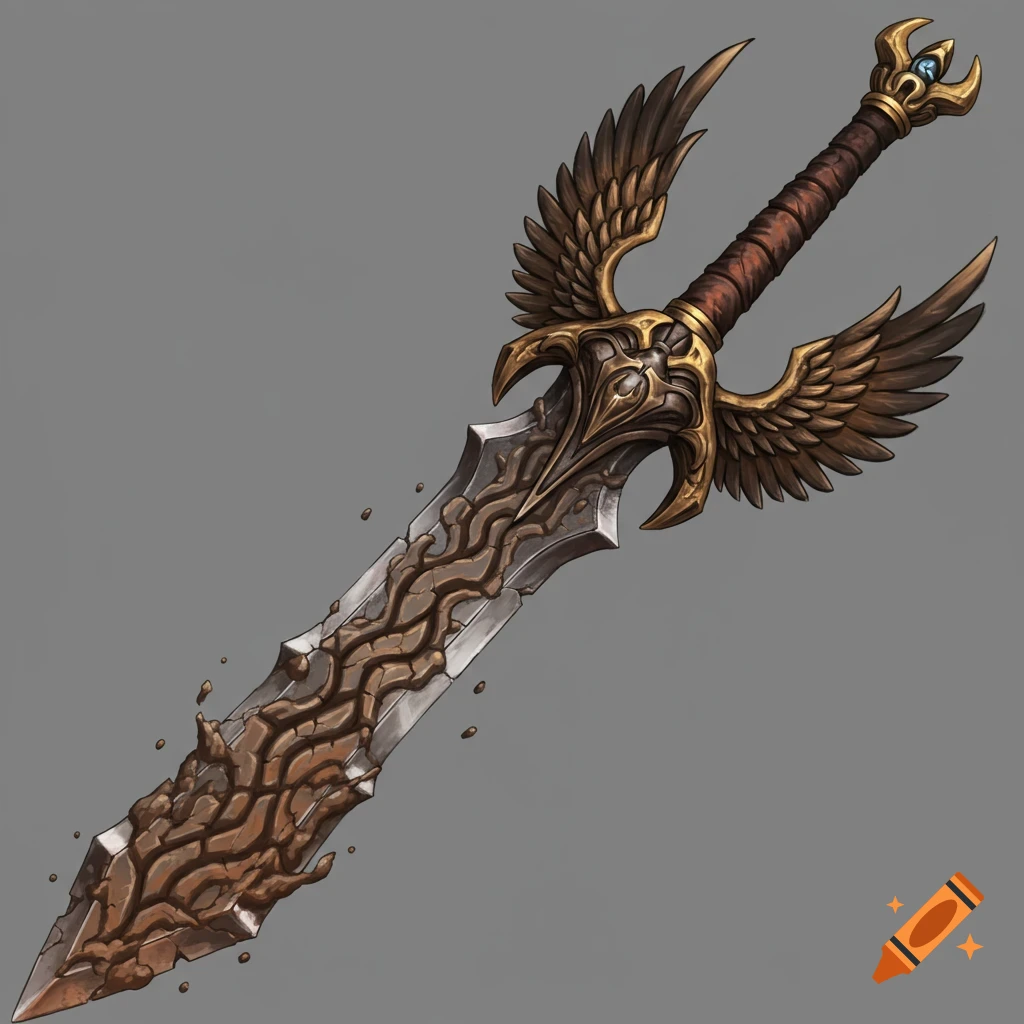 An intricately designed fantasy sword featuring golden wings on the ...