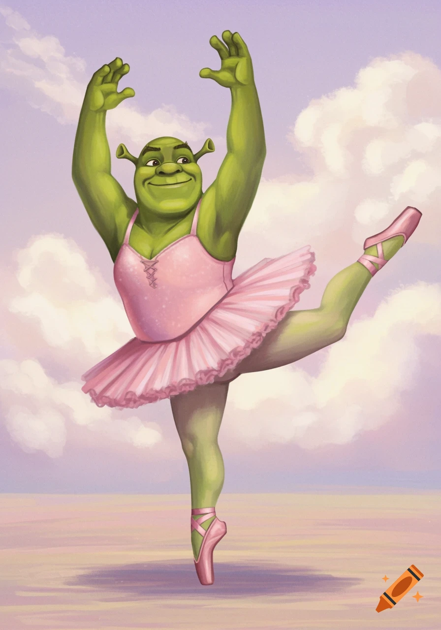 Shrek in a pink ballet tutu and pointe shoes performing a dance pose against a cloudy sky. on ...