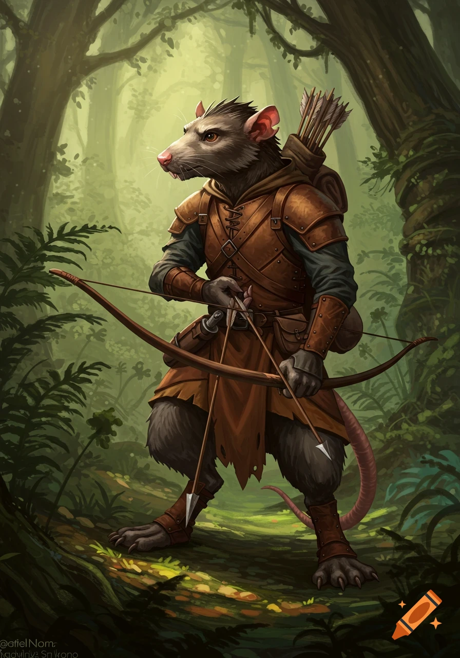 A ratfolk ranger holding a long bow with a backpack, standing in a lush ...
