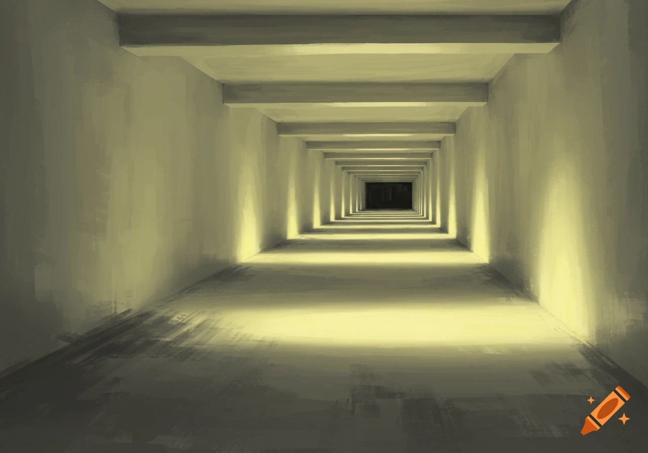 A long, empty, yellowish corridor with receding walls and a dark void at the end, evoking a ...