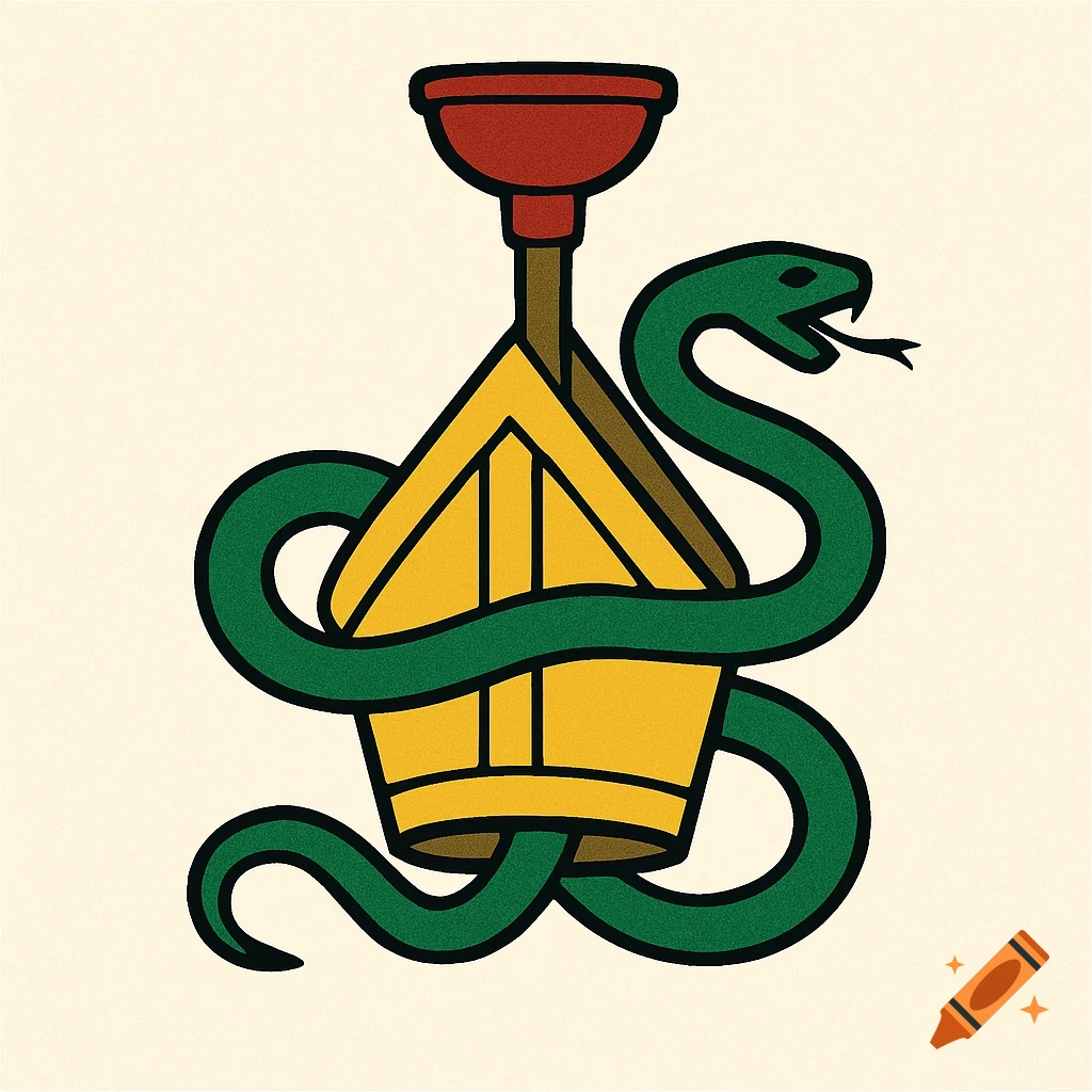 A 2D logo of a red plunger on a gold bishop's mitre with a green snake ...