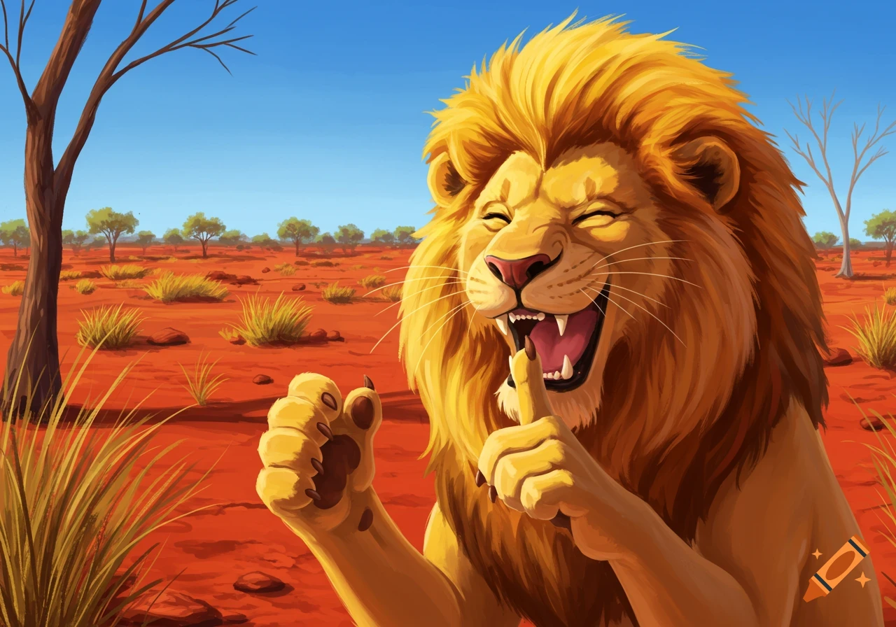 A cartoon lion with a golden mane laughs heartily, holding a finger to ...