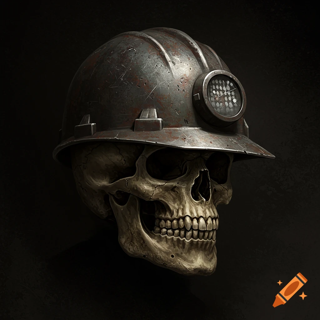 A detailed, stylized image of a human skull wearing a rusty miner's ...