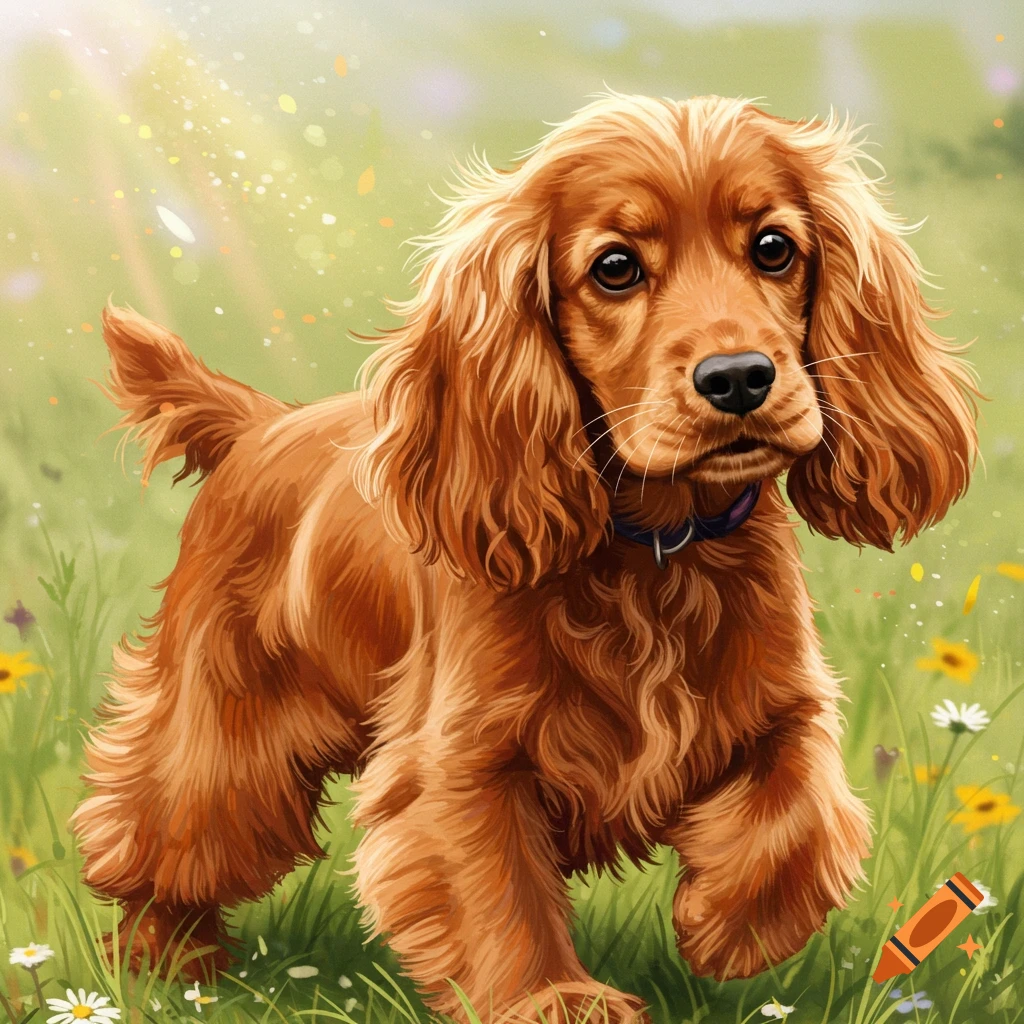 A vibrant illustration of a ginger cocker spaniel puppy running through ...