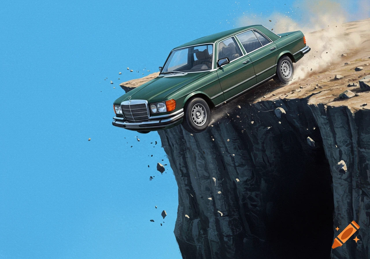 A green Mercedes Benz car drives off a cliff edge, kicking up dust and ...