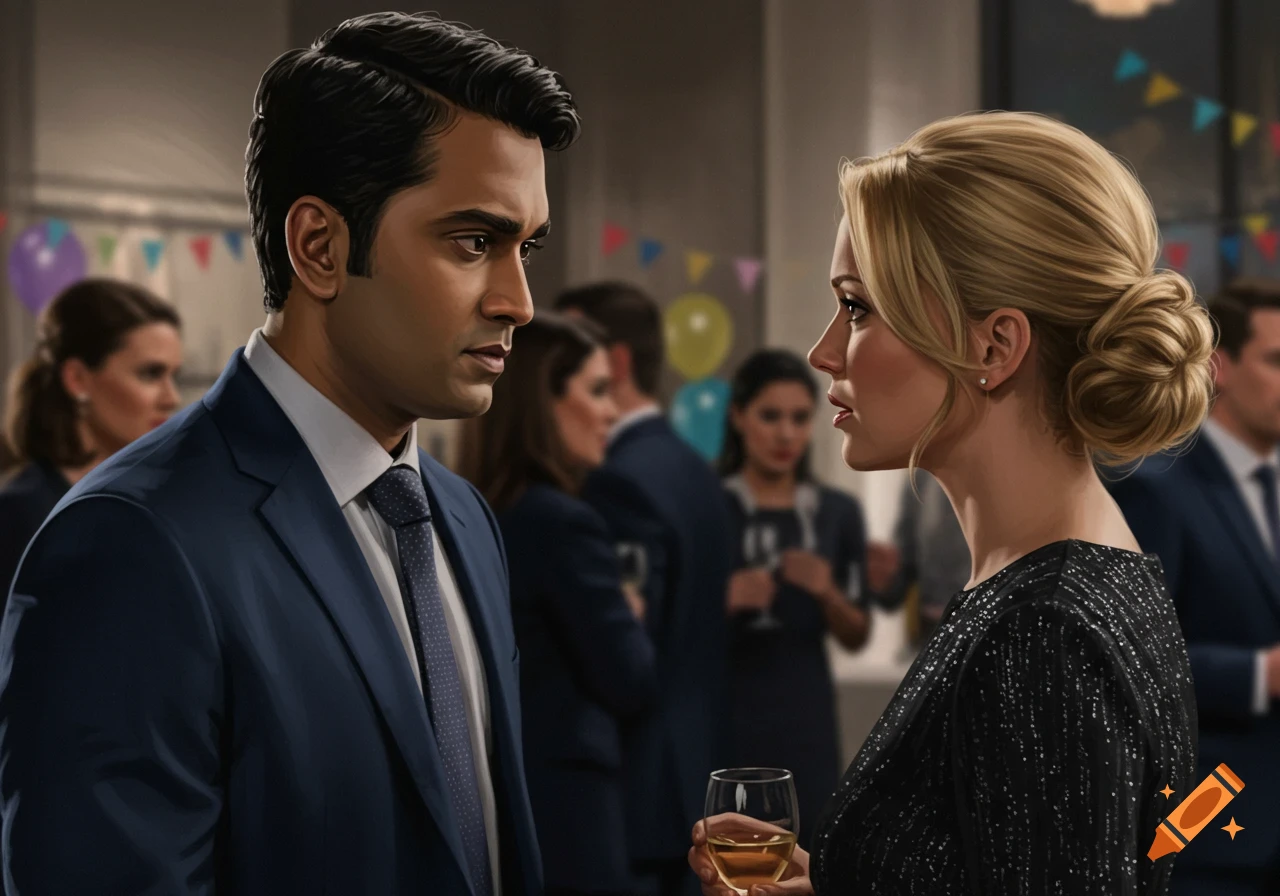 A man and a woman in formal attire stare at each other at a corporate ...