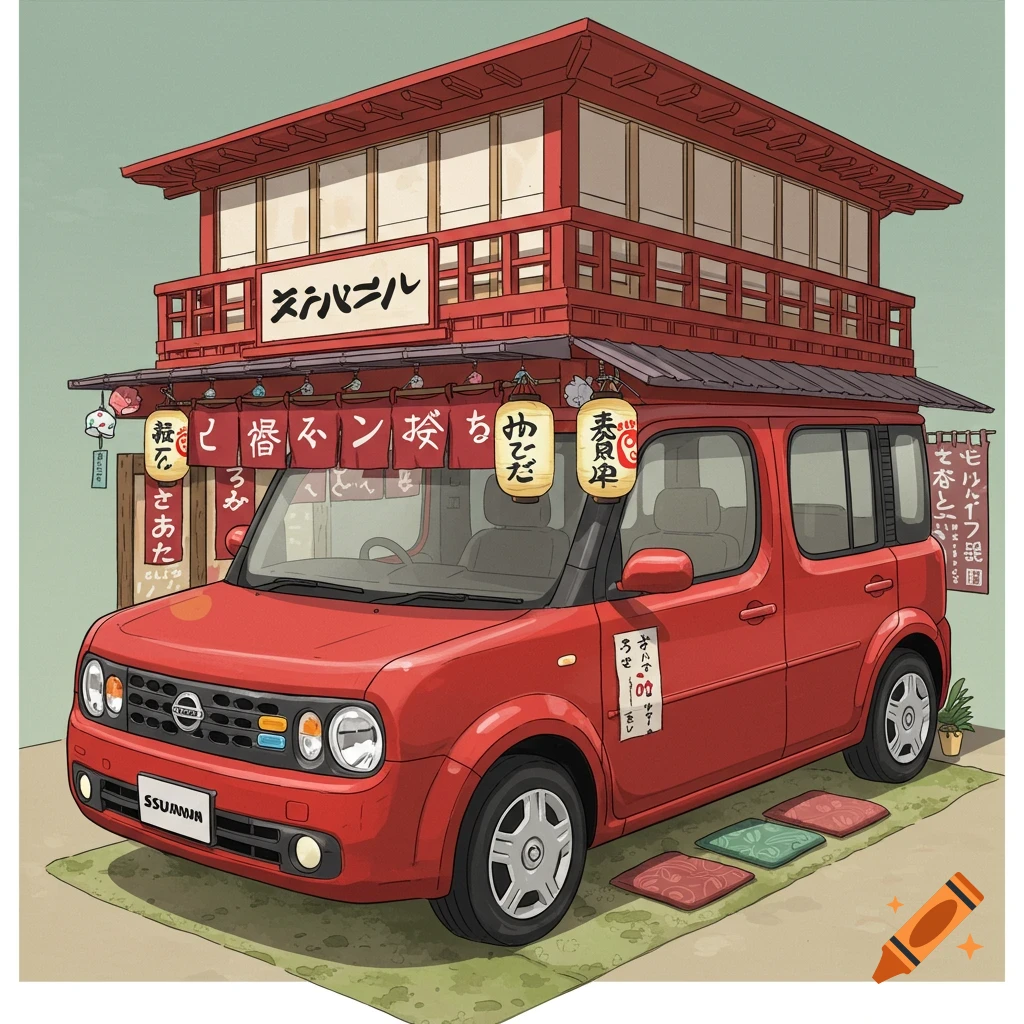 A red Nissan Cube car has a two-story traditional Japanese restaurant ...