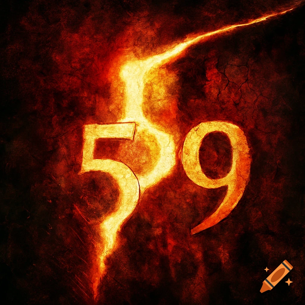 The numbers 59 rendered in a fiery, dark, and distressed style ...