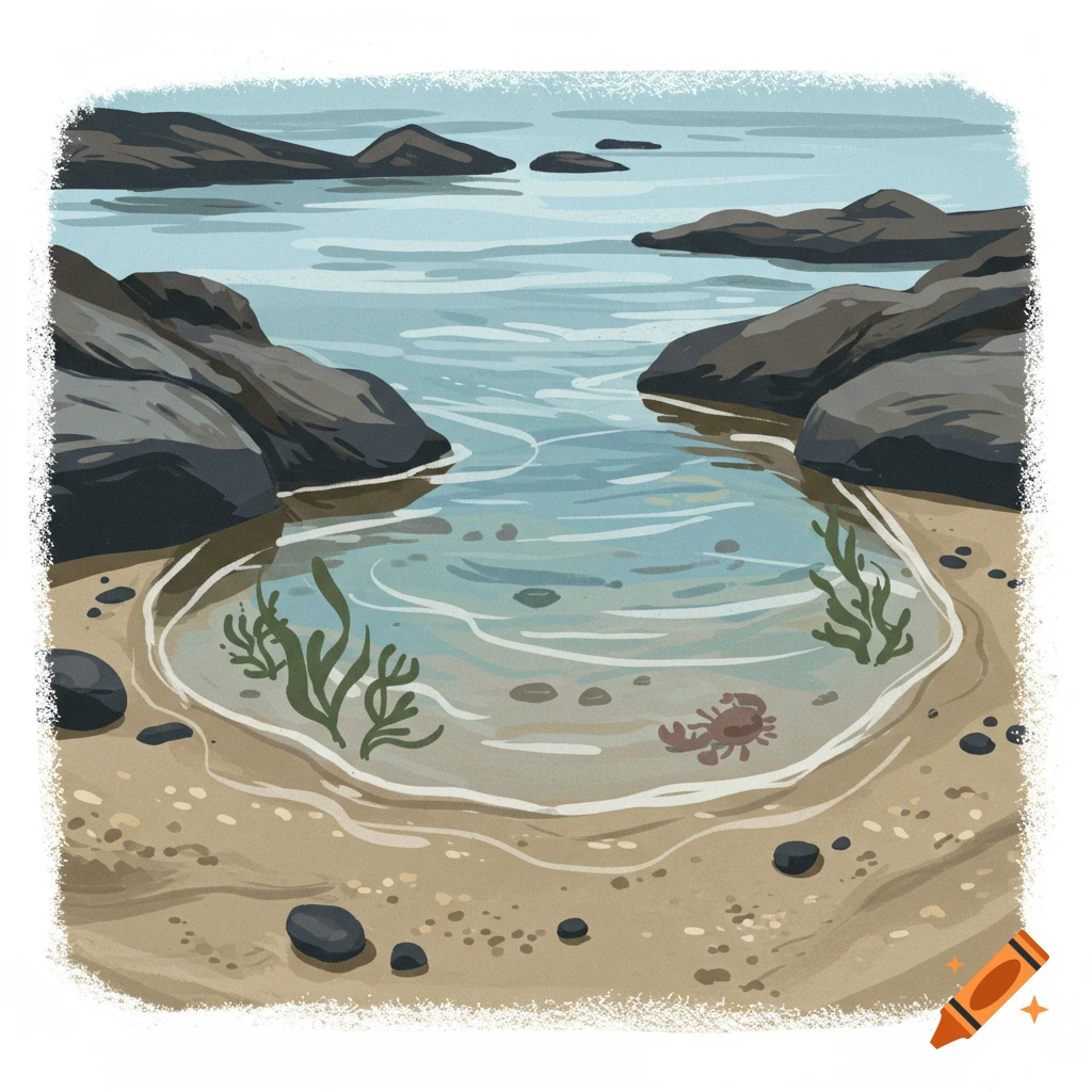 An illustration of a tide pool with a crab, seaweed, and rocks in muted ...