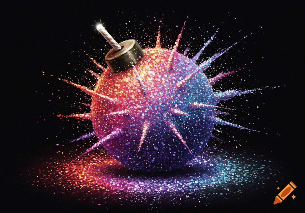 A vibrant, spiky glitter bomb in red, blue, and purple hues, scattering ...
