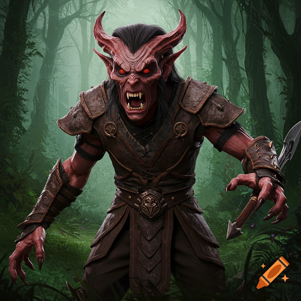 Hyperrealistic angry red-skinned horned creature in armor with glowing ...