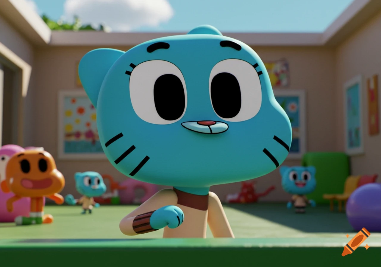 A blue cat-like cartoon character from Gumball in a 3D animated style ...