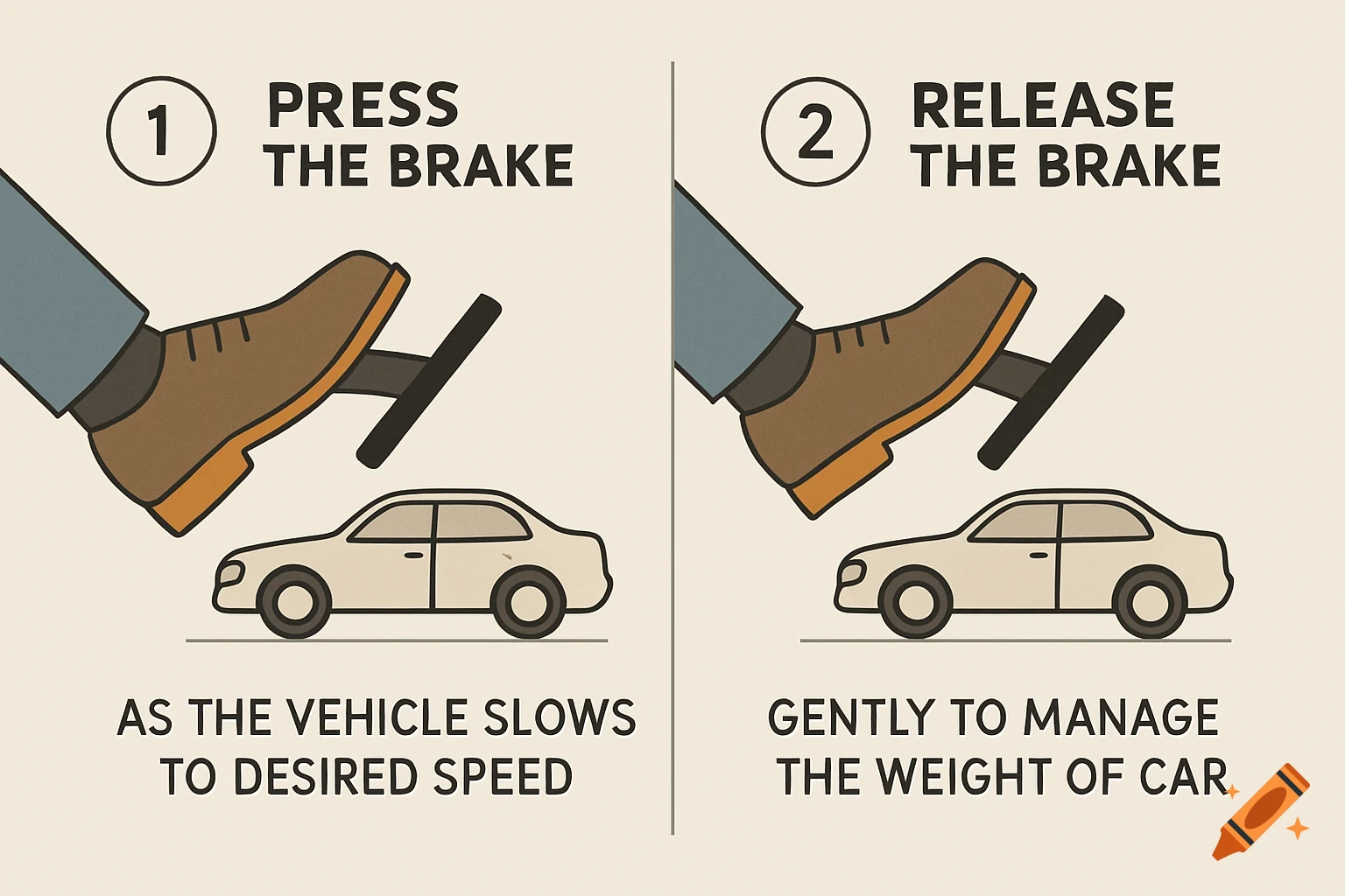 An instructional illustration showing a foot pressing and releasing a ...