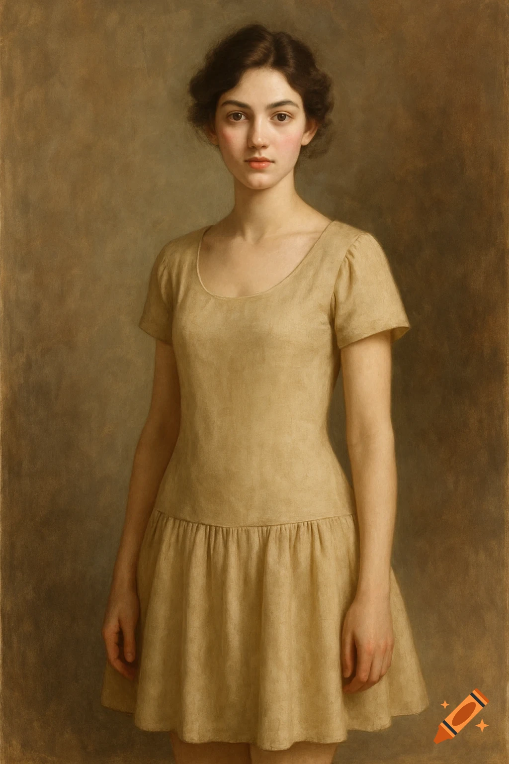 A classical style portrait painting of a young woman in a beige drop ...