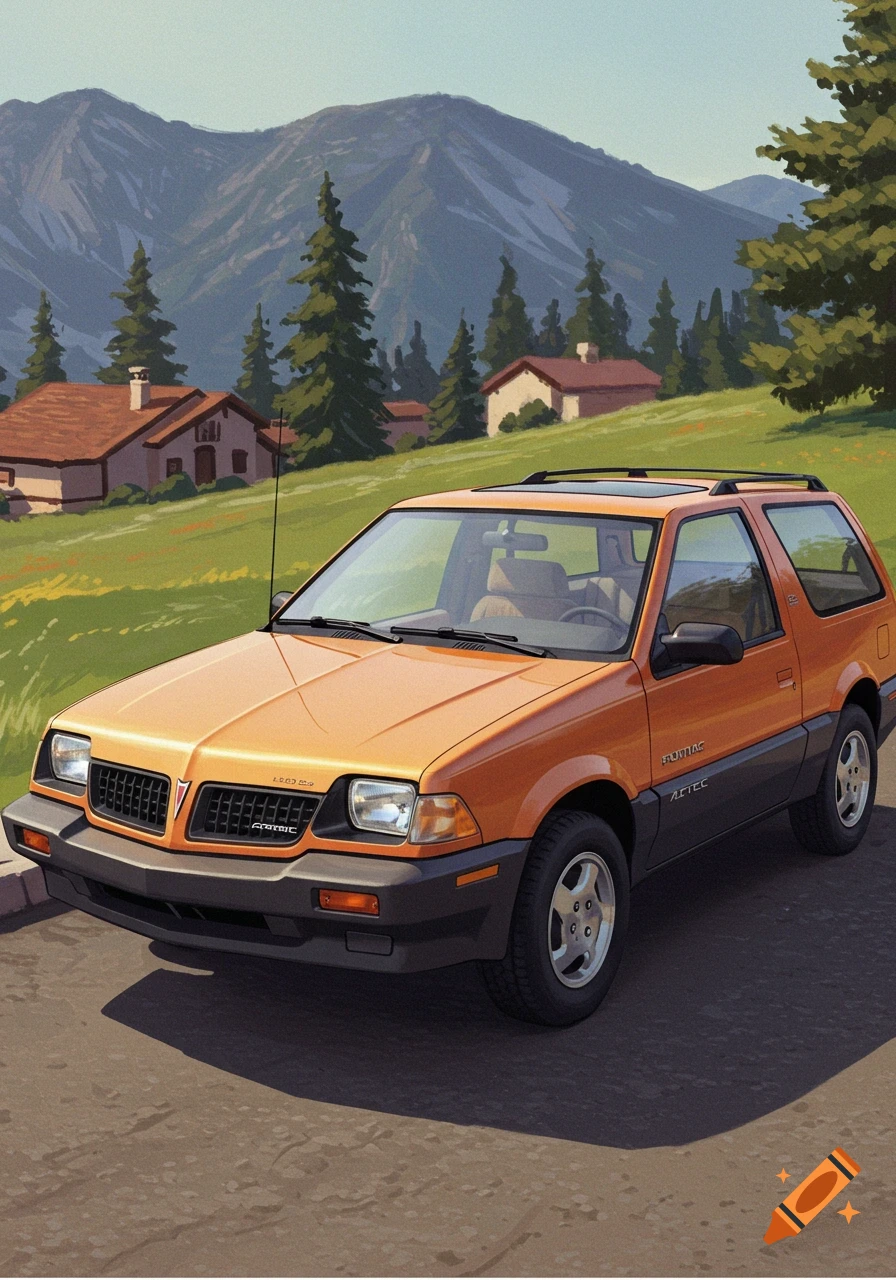 An orange Pontiac Aztec parked on a road with mountains and houses in ...