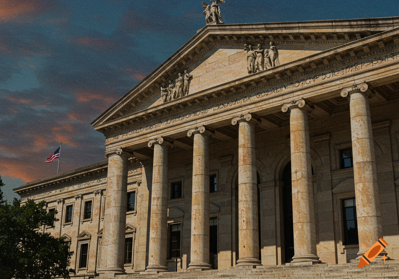 A majestic classical building with columns and sculptures under a ...