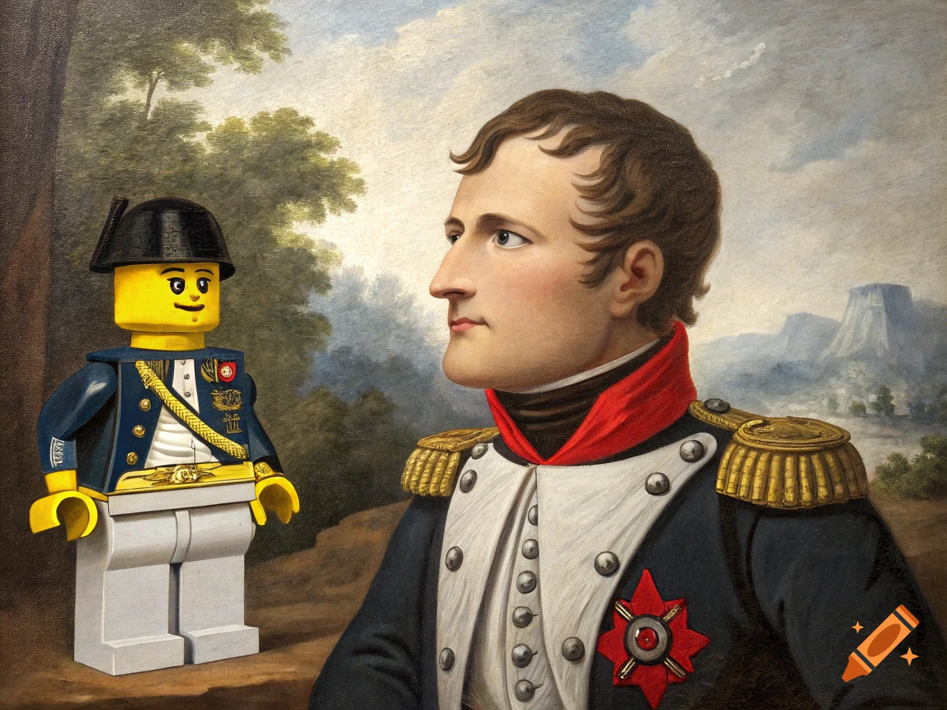 A Lego minifigure of Napoleon Bonaparte standing next to a painted ...