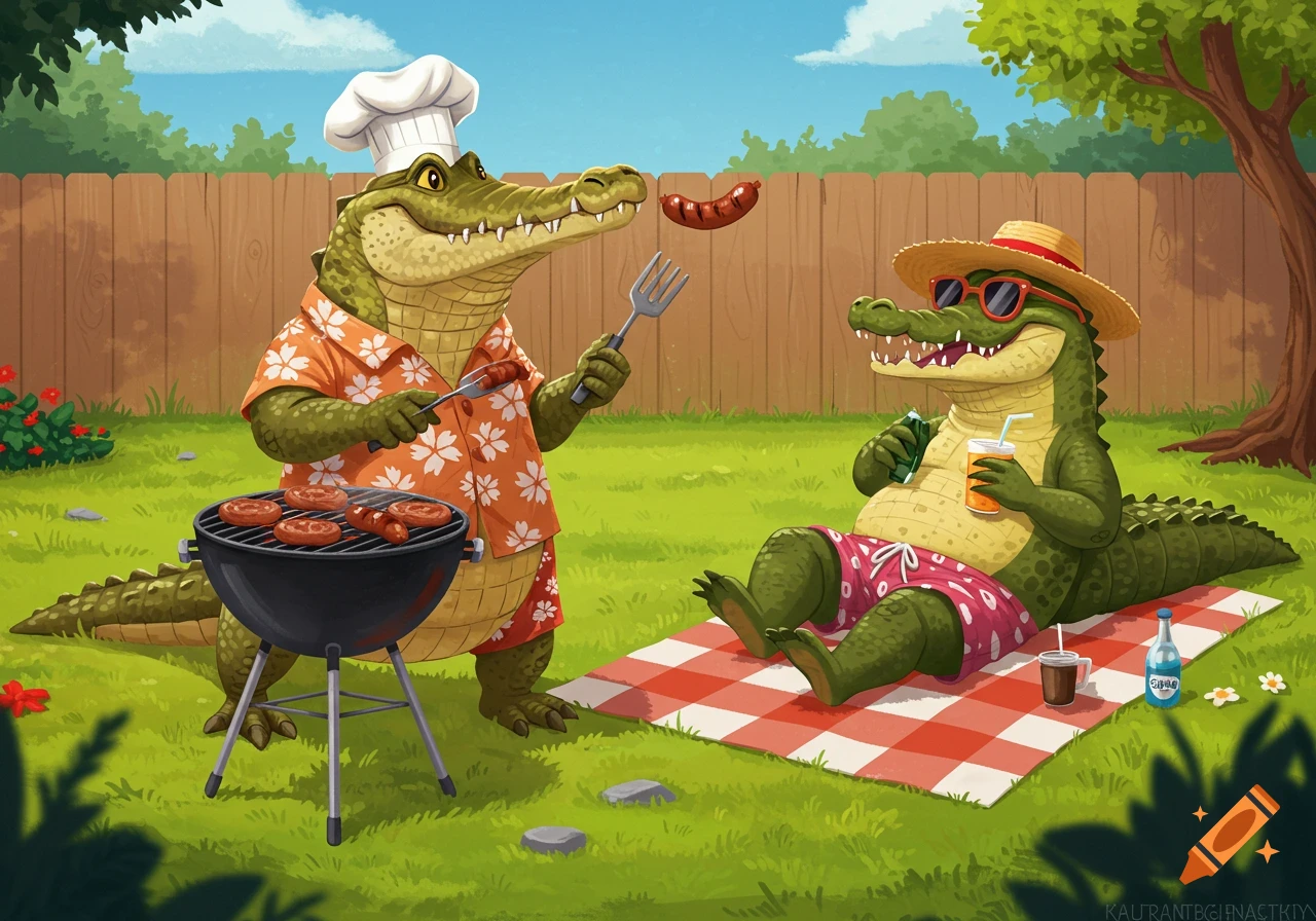 Cartoon alligators having a backyard BBQ, one grilling sausages, the ...